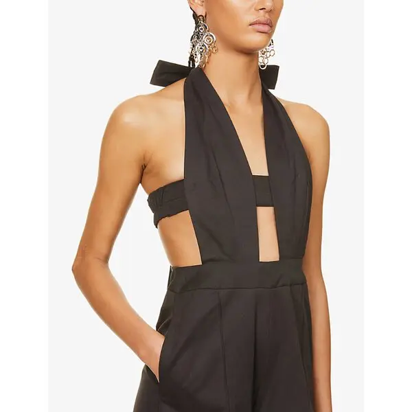 Amy Lynn Plunge-Neck Wide-Leg Woven Jumpsuit - Charcoal Black